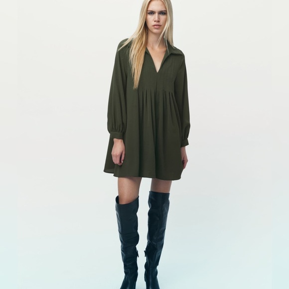 Zara | Dresses | Zara Box Pleat Mini Dress Dark Khaki | Poshmark